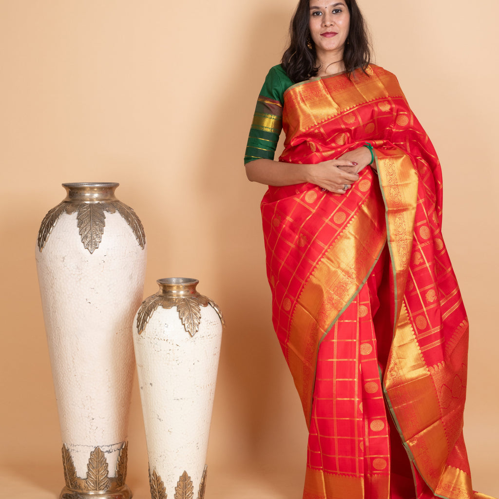 Vermillion Red Pure Kanjivaram Silk Saree – Priyangaa