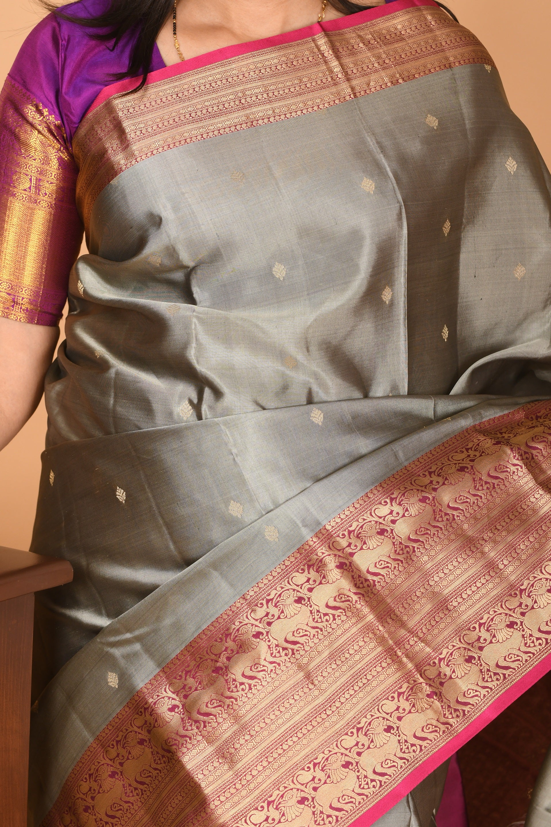 Zinc grey and Wildberry Big Border pure kanchi silk saree – Priyangaa